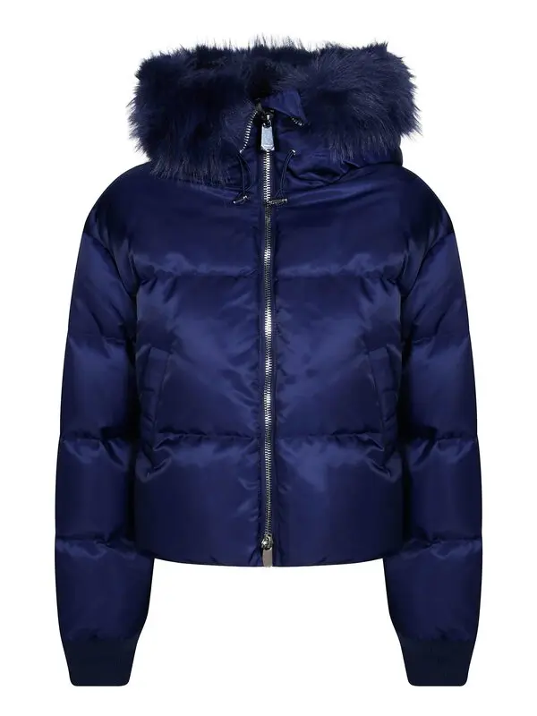 Pinko Padded Quilted Satin Bomber Jacket With Fur Hood - Blu