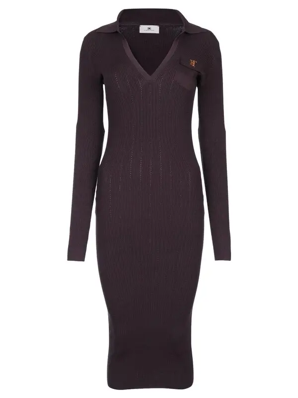 Elisabetta Franchi Long Sleeve Ribbed Midi Dress With V-neck - Darkchocolate