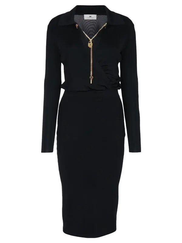 Elisabetta Franchi Long Sleeve Ribbed Midi Dress With V-neck - Nero