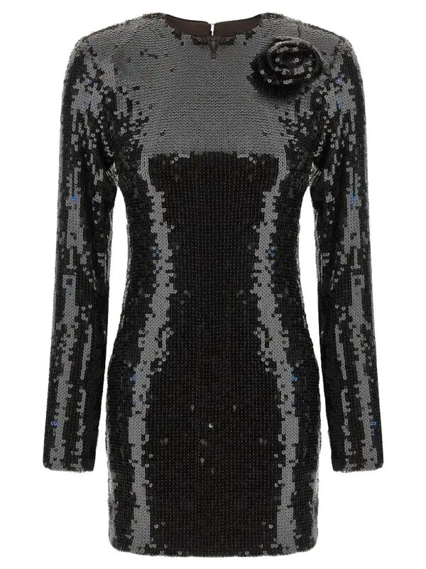 ROTATE BY BIRGER CHRISTENSEN Long Sleeve Sequined Mini Dress With Floral Shoulder Detail - Marrone