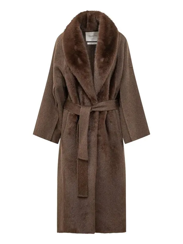VALENTINI 1972 Wool Alpaca Blend Eco Fur Trimmed Coat - Coffe