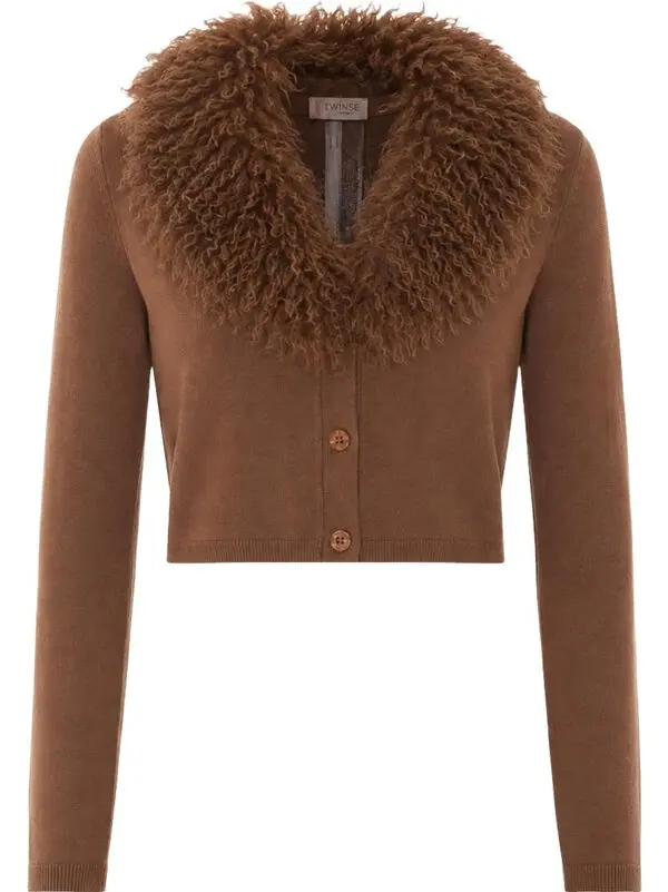 TWINSET Cropped Knit Cardigan With Faux Fur Collar - Brown