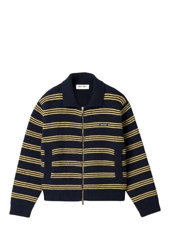 Miu Miu Striped Wool And Cashmere Cardigan With Shawl Collar - Navy Blue