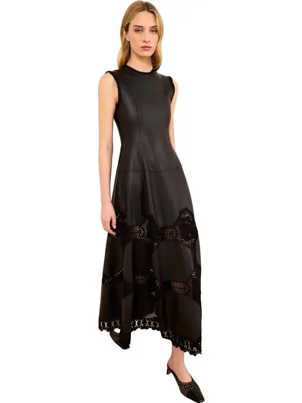 Ulla Johnson Ilana Sleeveless Crochet & Leather Midi Dress - Noir