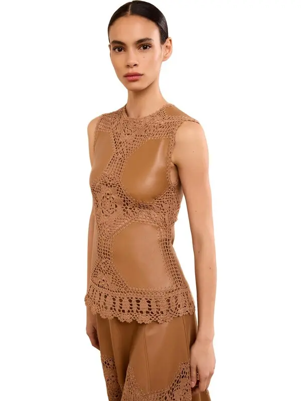 Ulla Johnson Livia Sleeveless Crochet & Leather Top - Camel