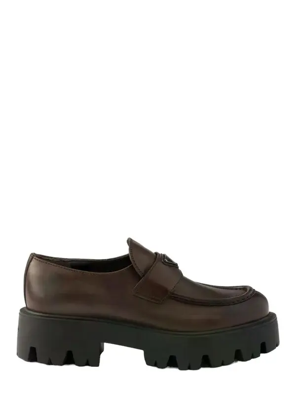 Prada Leather Loafers With Triangle Logo And Chunky Sole - Brown