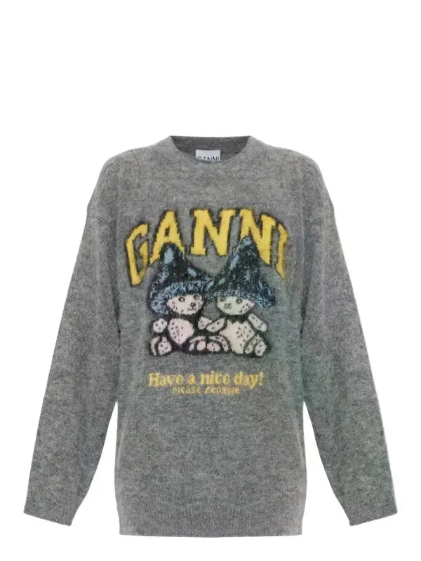 GANNI Intarsia Logo Knit Sweater - Grey