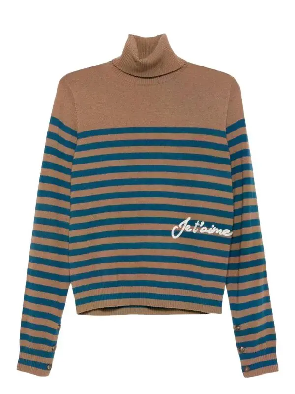 Liu Jo Striped Roll-neck Sweater With Embroidered Motif - Brown