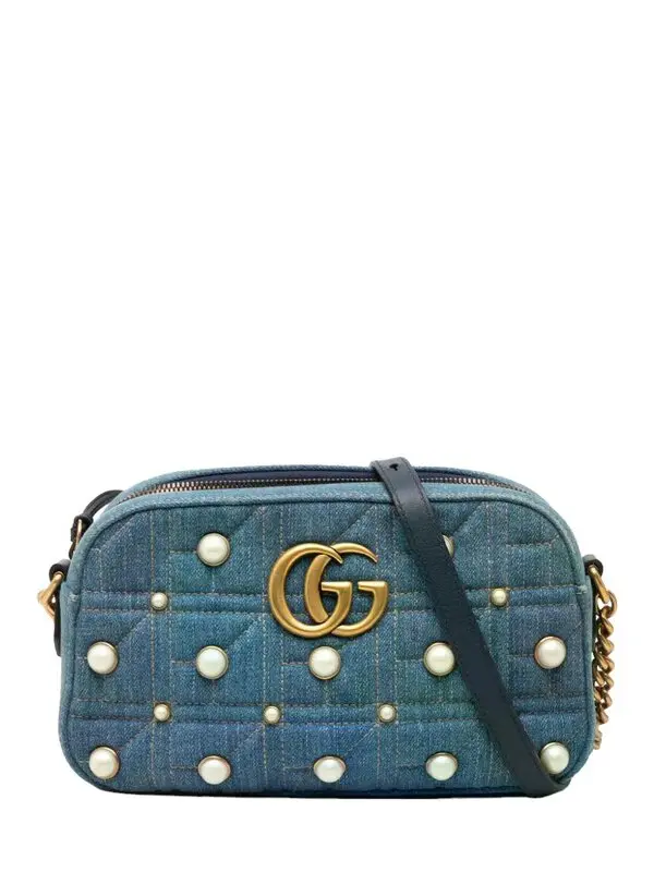 Gucci Gg Marmont Pearl Studded Denim Crossbody Bag - Blue