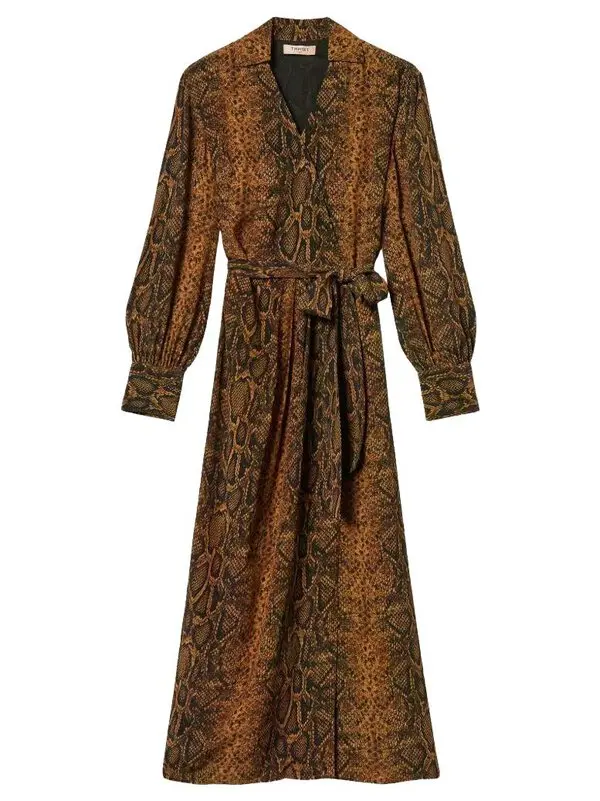 TWINSET Long Sleeve Snake Print Maxi Dress - Brown