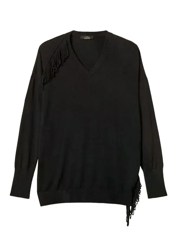 TWINSET Asymmetrical Fringed V-neck Jumper - Black