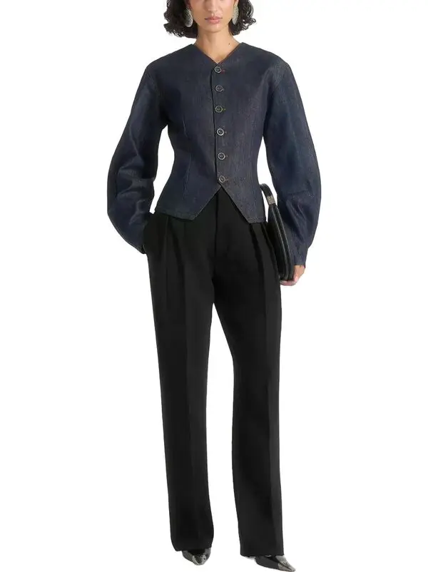 Manière De Voir Denim Hourglass Jacket With V-neck And Bishop Sleeves - Blue