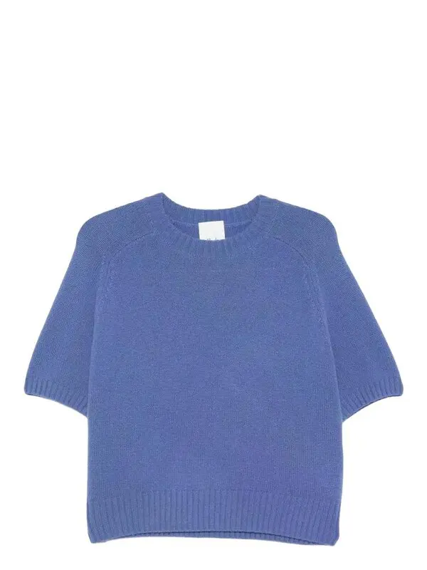 ALLUDE Short Sleeve Ribbed Crew Neck Sweater - Blue