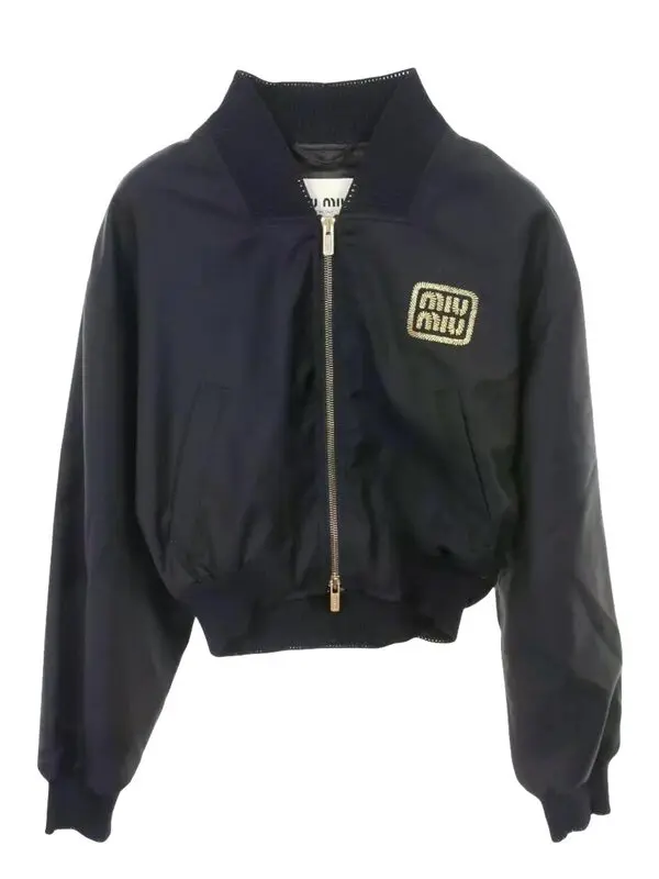 Miu Miu Navy Wool Logo-embroidered Bomber Jacket - Blue