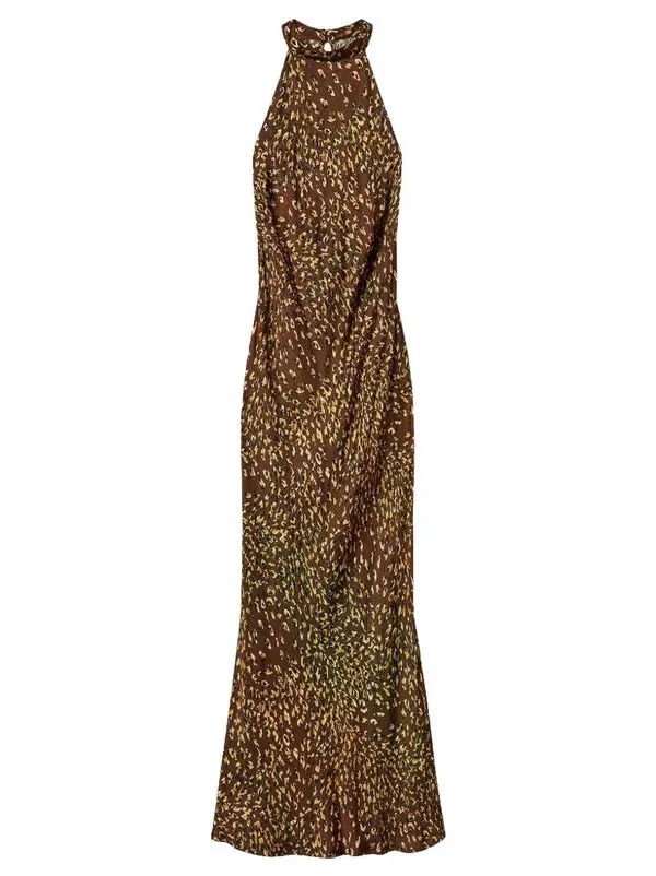 TWINSET Long Animal Print Satin Halterneck Dress - Brown