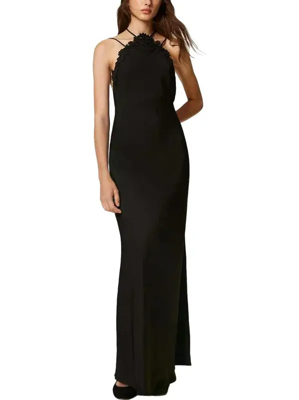 TWINSET Long Satin Dress With Floral Embroidery And Deep Back Neckline - Black
