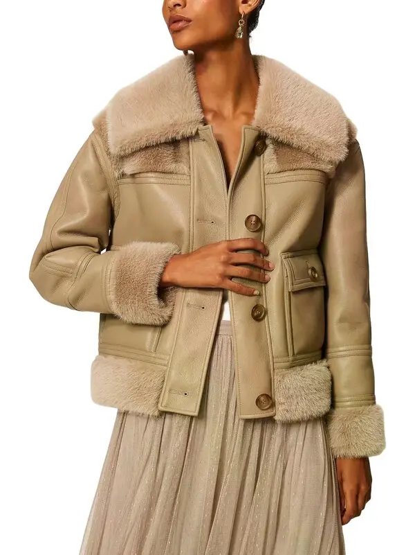 TWINSET Faux Fur Trim Leather-effect Jacket - Neutrals