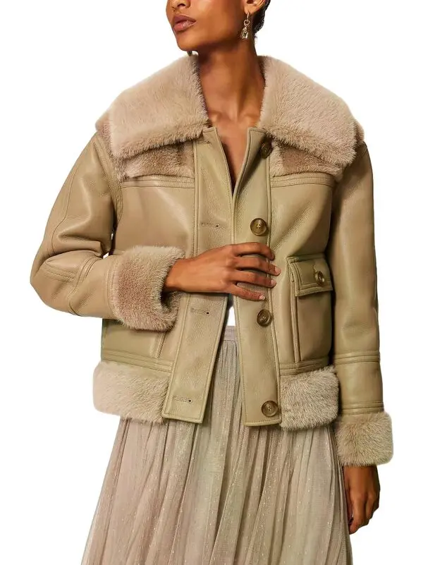 TWINSET Faux Fur Trim Leather-effect Jacket - Neutrals