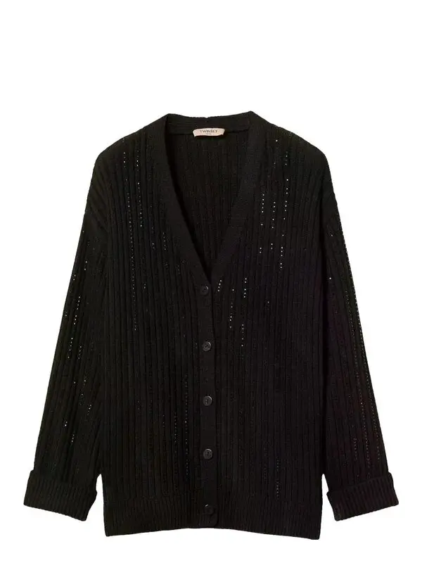 TWINSET Wool Blend Cardigan With Rhinestone Embellishments - Black