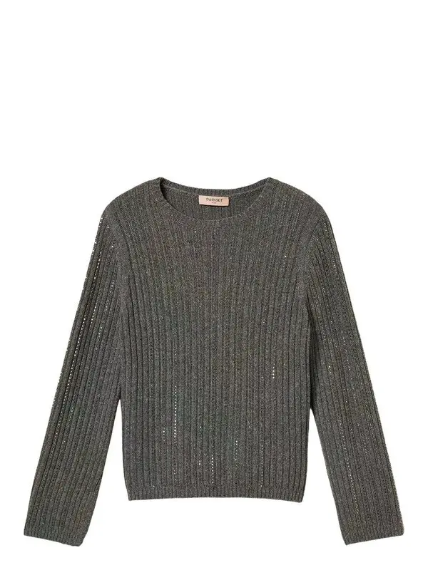 TWINSET Ribbed Knit Sweater With Rhinestone Embellishments - Grey