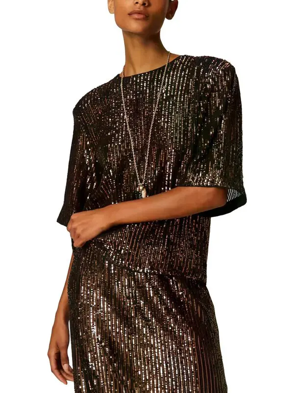 TWINSET Sequin Embellished Crew Neck Blouse - Brown