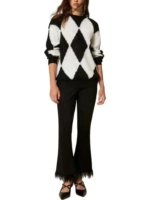 TWINSET Diamond Pattern Wool Blend Jumper With Embroidery - Black
