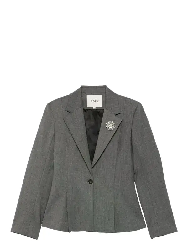 Maje Single-breasted Peplum Blazer With Flower Brooch - Grey
