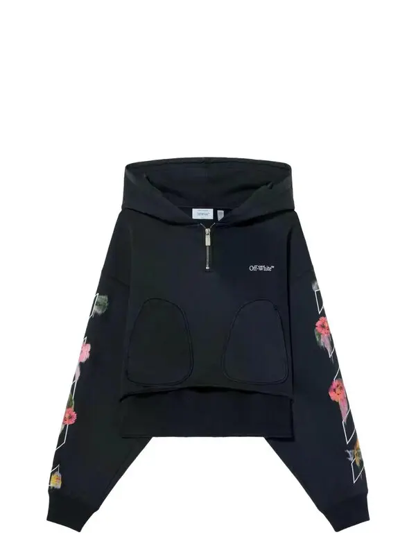 Off-White Cropped Floral Print Hoodie With Kangaroo Pocket - Black