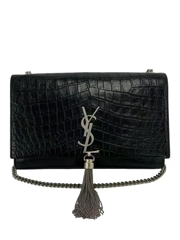 Saint Laurent Medium Croc Embossed Leather Monogram Kate Tassel Crossbody Bag - Black
