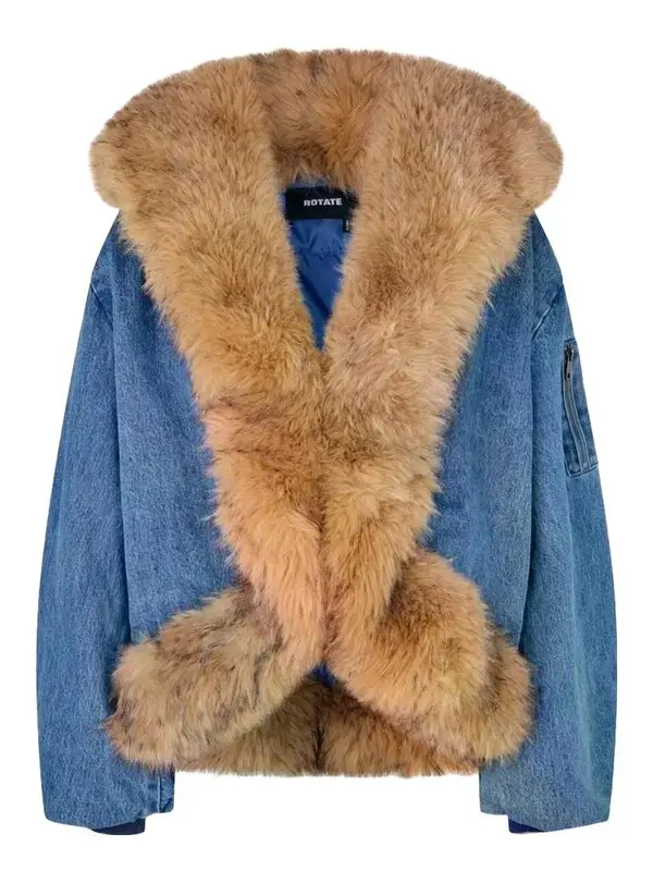 ROTATE BY BIRGER CHRISTENSEN Oversized Faux Fur Collar Denim Bomber Jacket - Blue