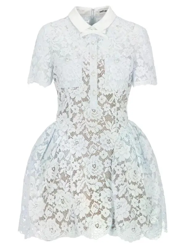SELF-PORTRAIT Lace Mini Dress With Contrasting Collar And Bow Detail - Blue