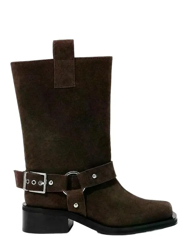 GANNI Mid-shaft Suede Biker Boots With Studded Buckle Detail - Brown