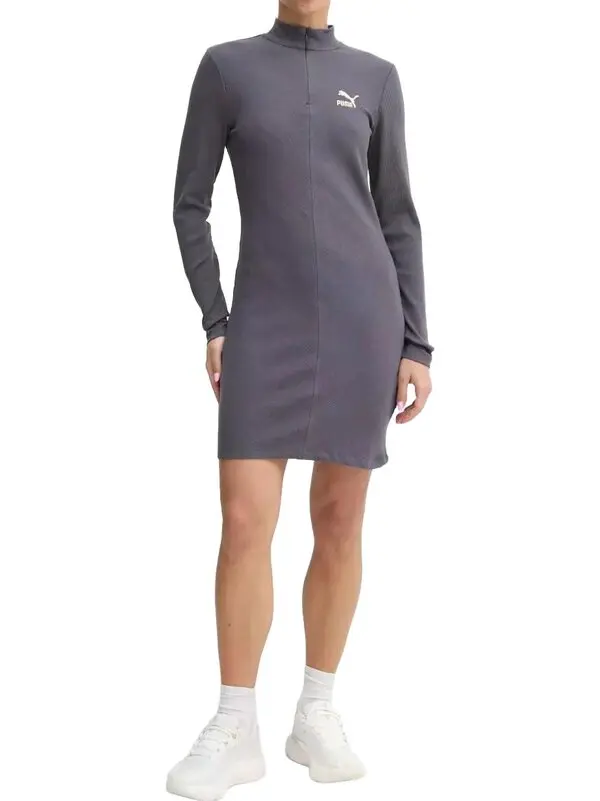 PUMA Ribbed Knit Long Sleeve Mini Dress - Grey