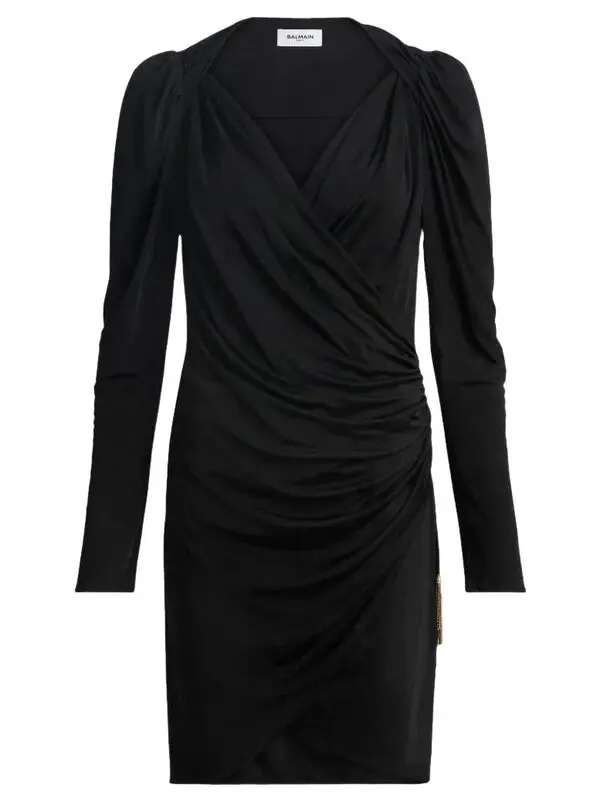Balmain Draped Wrap-style Dress With Gold-tone Chain Tassel - Black