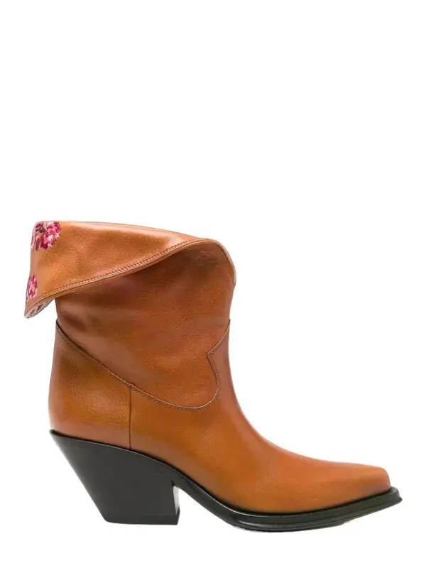 Chloé Floral-embroidered Fold-over Ankle Boots - Brown