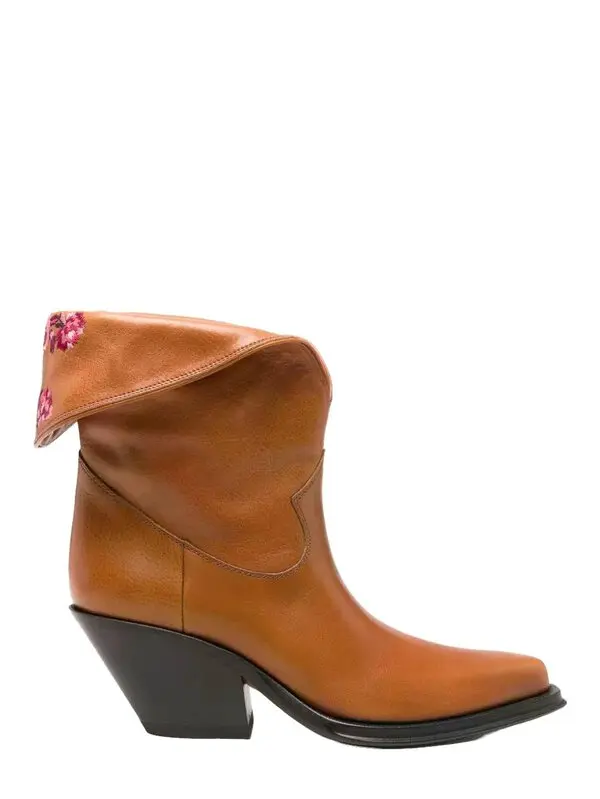 Chloé Floral-embroidered Fold-over Ankle Boots - Brown