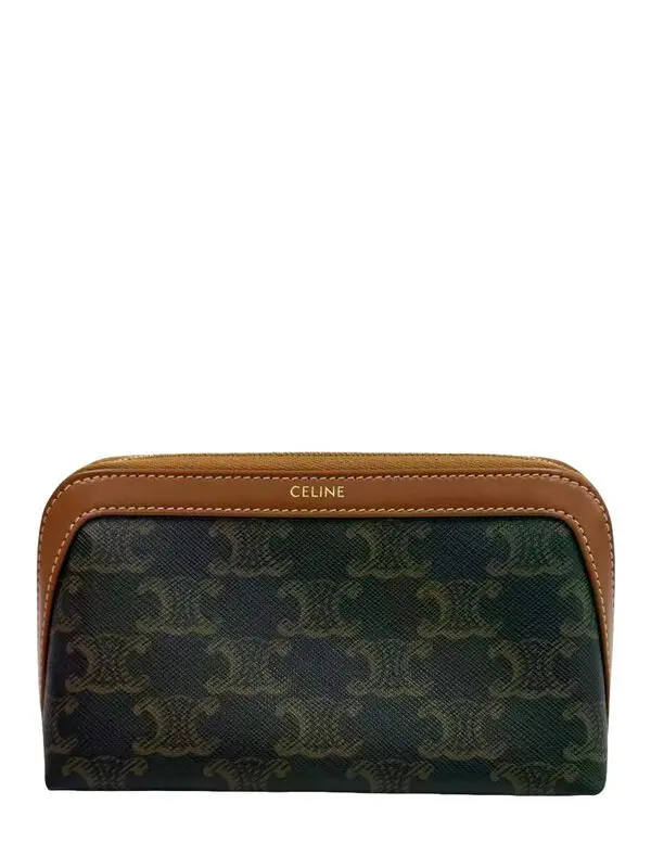 Celine Triomphe Coated Canvas And Calfskin Cosmetic Pouch - Brown
