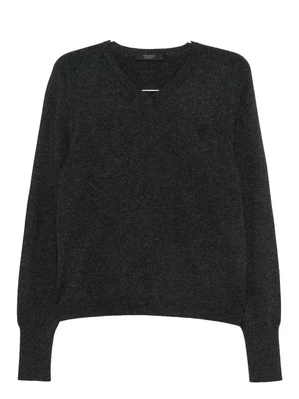 Gucci V-neck Logo Embroidered Sweater - Grey