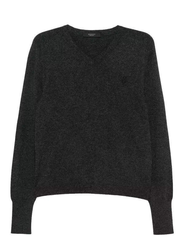 Gucci V-neck Logo Embroidered Sweater - Grey