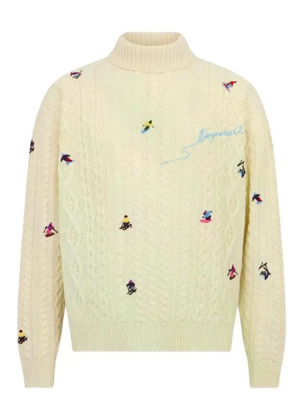 Dsquared2 Snowy Dream" Cable-knit Wool Sweater With Embroidered Skiers - Neutrals