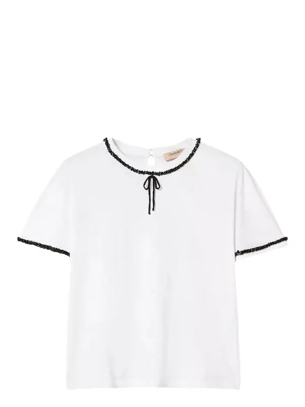 TWINSET Cotton Jersey T-shirt With Contrasting Trim And Bow Detail - White