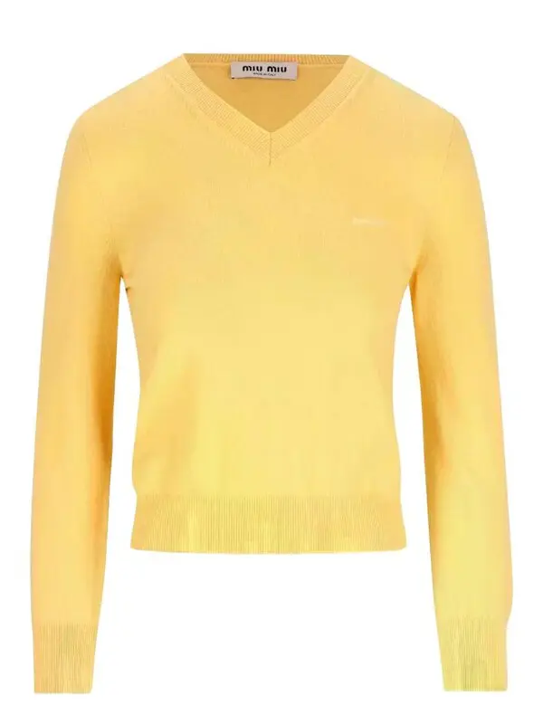 Miu Miu V-neck Wool Cardigan With Intarsia Logo - Yellow