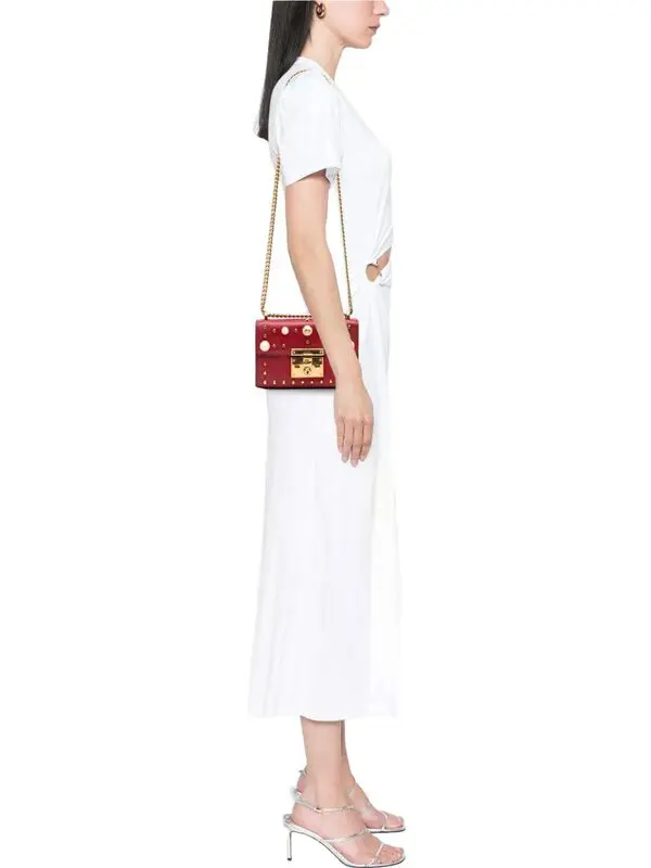 Gucci Small Pearl Studded Leather Padlock Crossbody Bag - Red