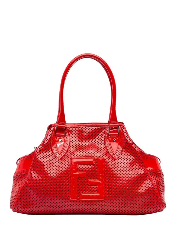 Fendi Perforated Patent Leather Top Handle Bag - Red