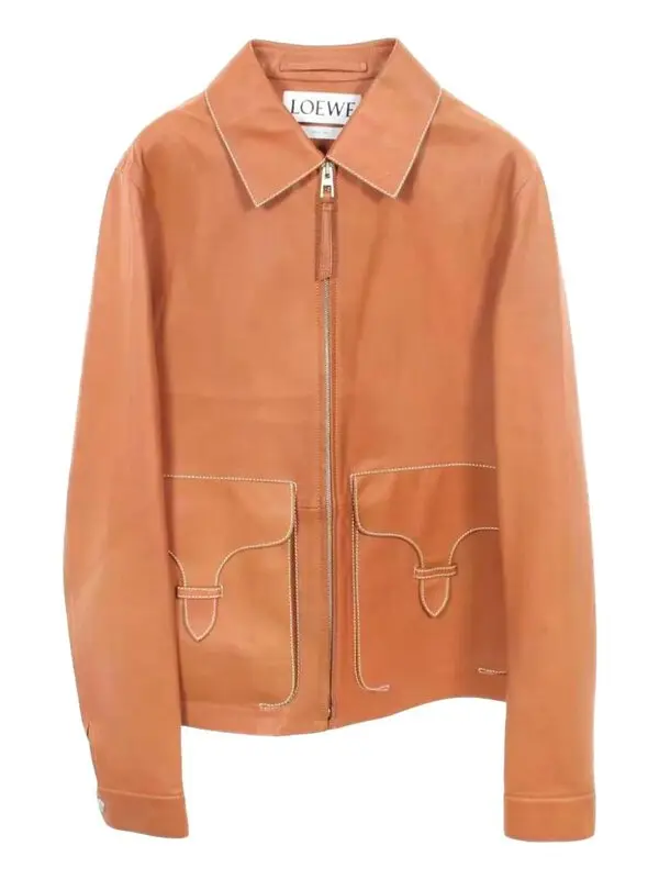 Loewe Zip-up Leather Jacket With Contrast Stitching - Brown