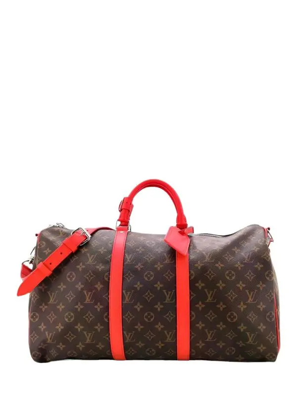 LOUIS VUITTON Keepall Bandouliere Monogram Canvas With Coquelicot Leather Trim Travel Bag - Red