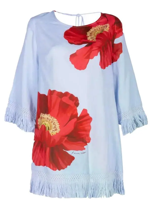 Farm Rio Floral Print Fringe Trim Mini Dress - Blue
