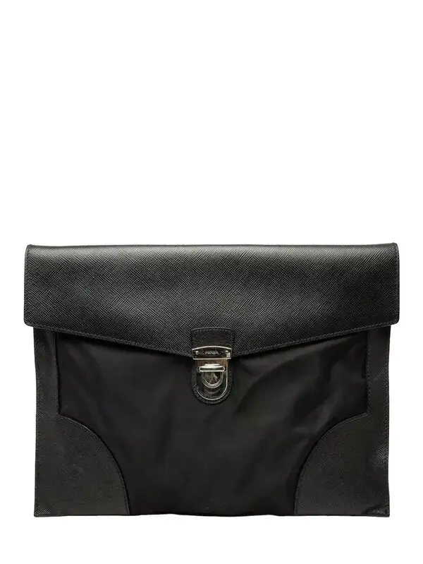 Prada Saffiano Trimmed Tessuto Clutch Bag - Black