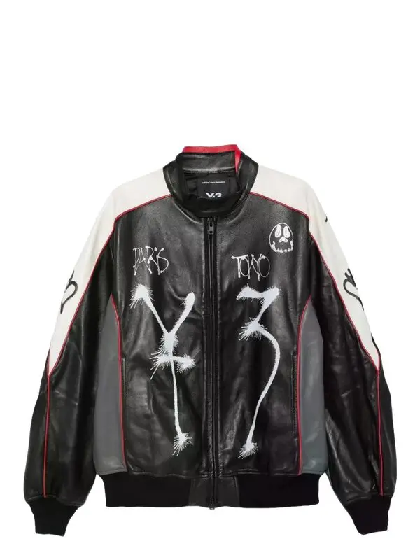 Y3 Graffiti Print Leather Jacket - Black