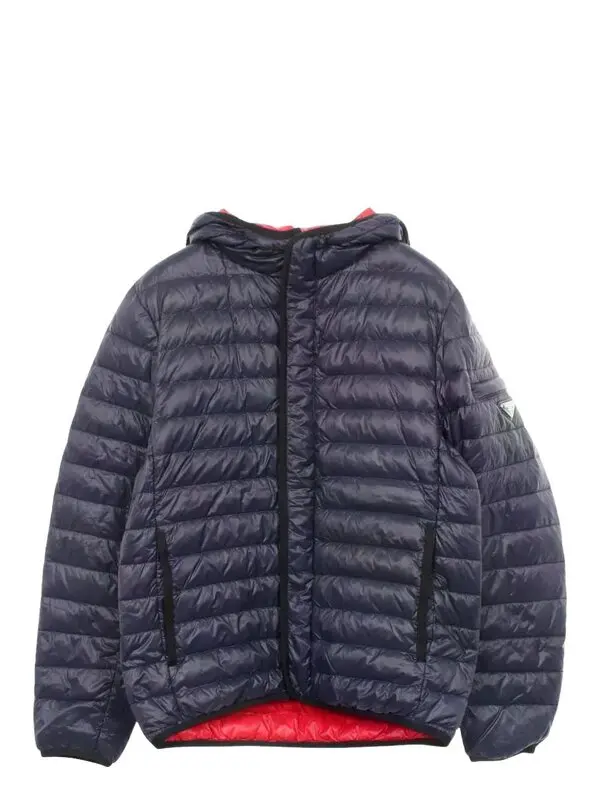Prada Logo Plaque Hooded Down Jacket - Blue